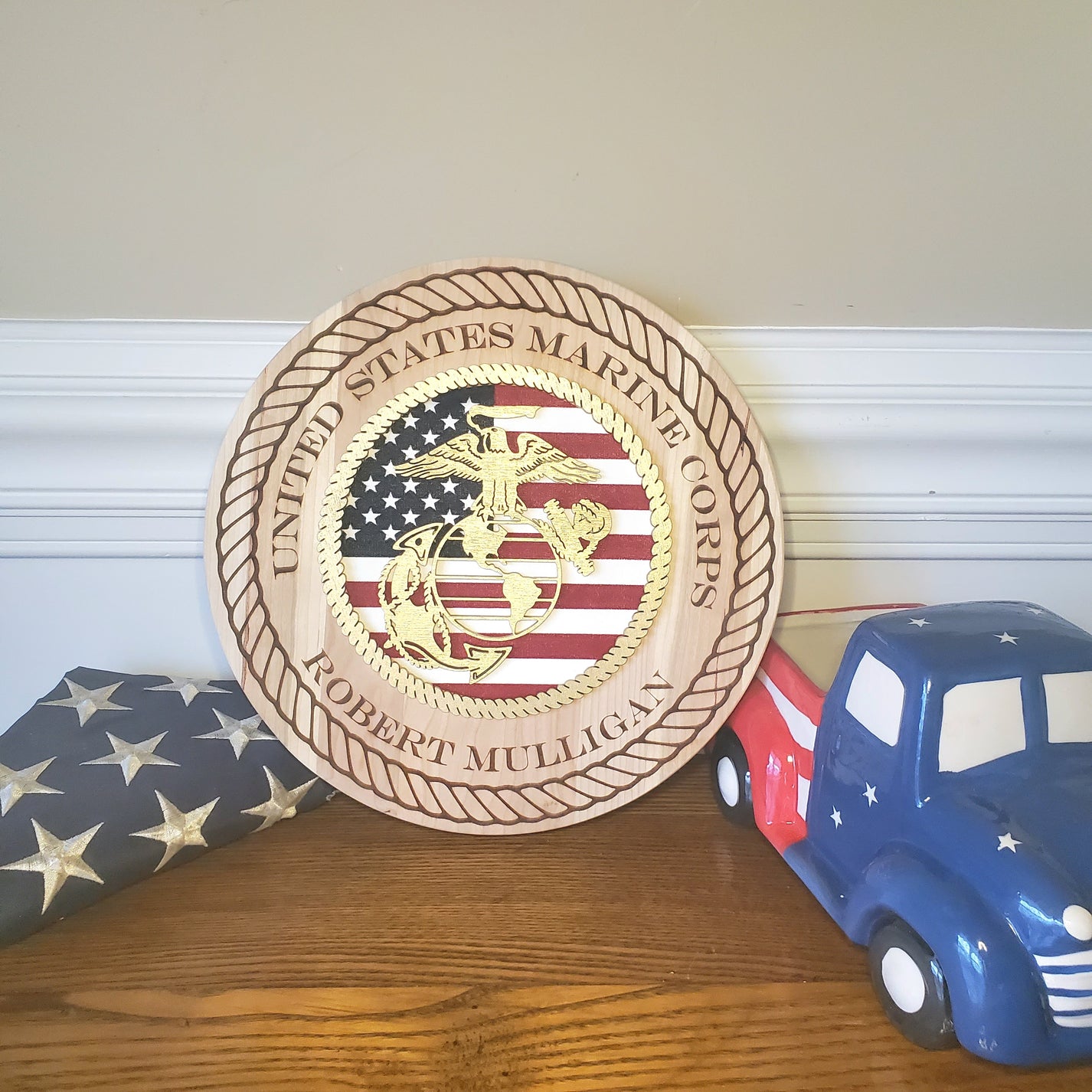 USMC Personalized Wall Hanging made of Solid Cherry Wood with EGA, Las ...