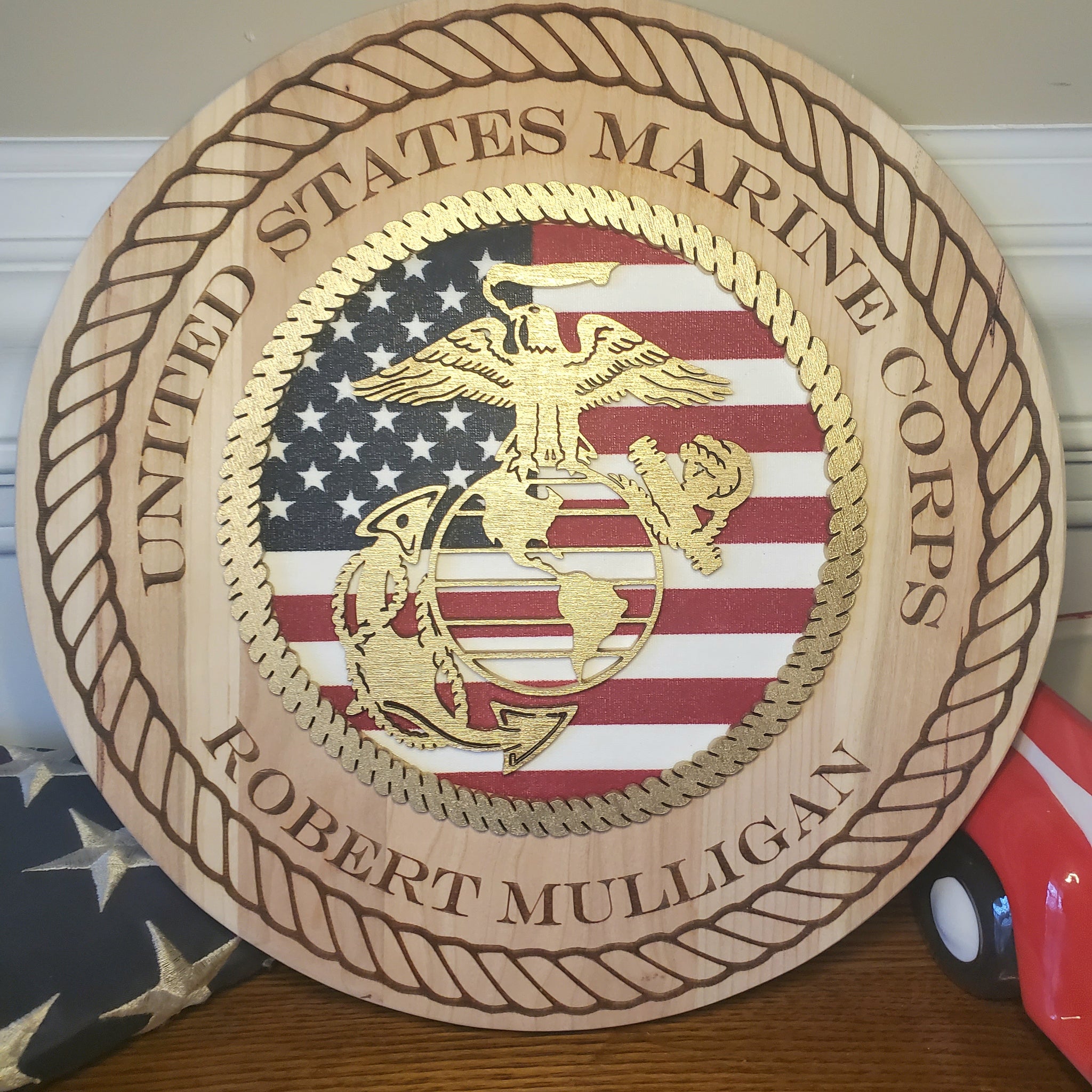 USMC Personalized Wall Hanging made of Solid Cherry Wood with EGA, Las ...